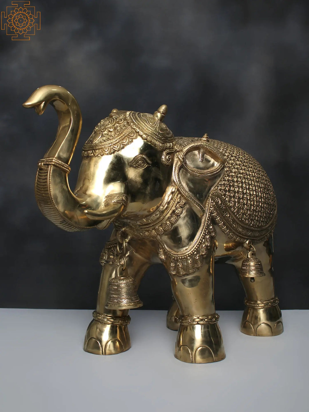 25" Brass Engraved Elephant Statue With Bells – Exotic India Art